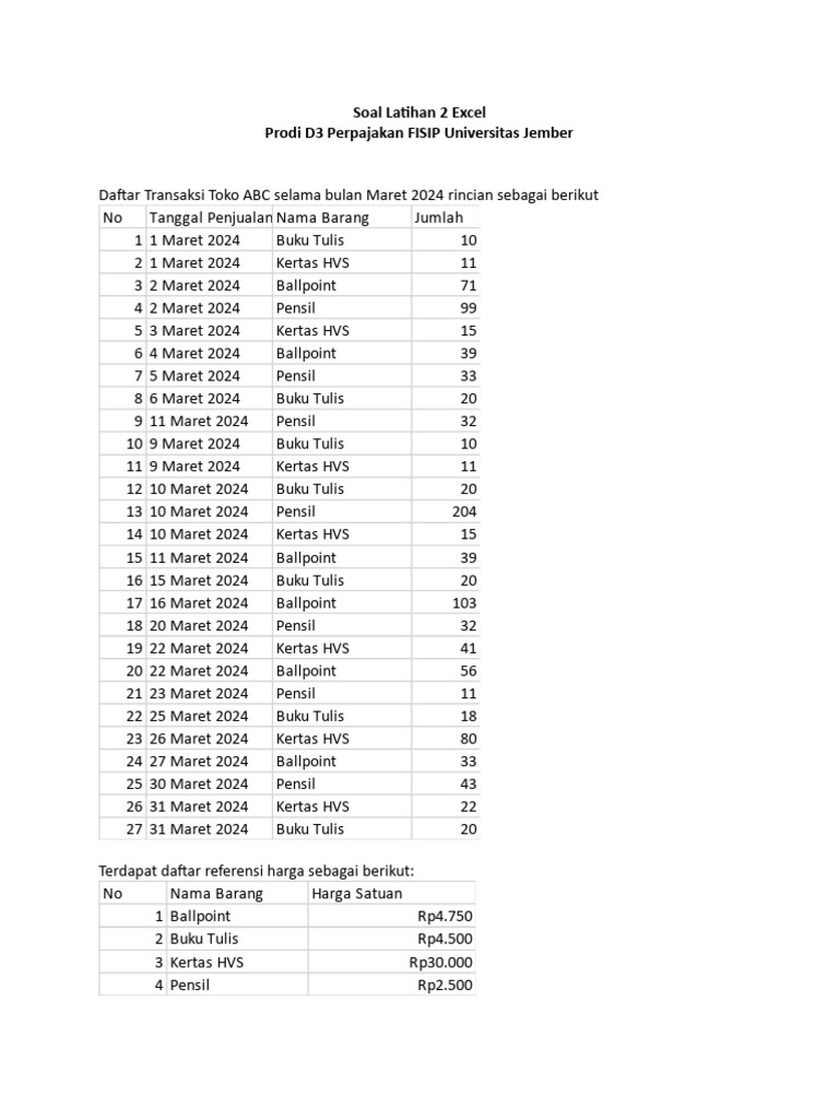 Soal Latihan 2 Excel Pivot | PDF