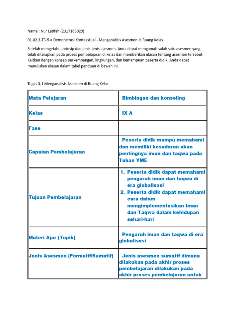 01.02.3-T3-5.a Demonstrasi Kontekstual - Menganalisis Asesmen Di Ruang Kelas | PDF