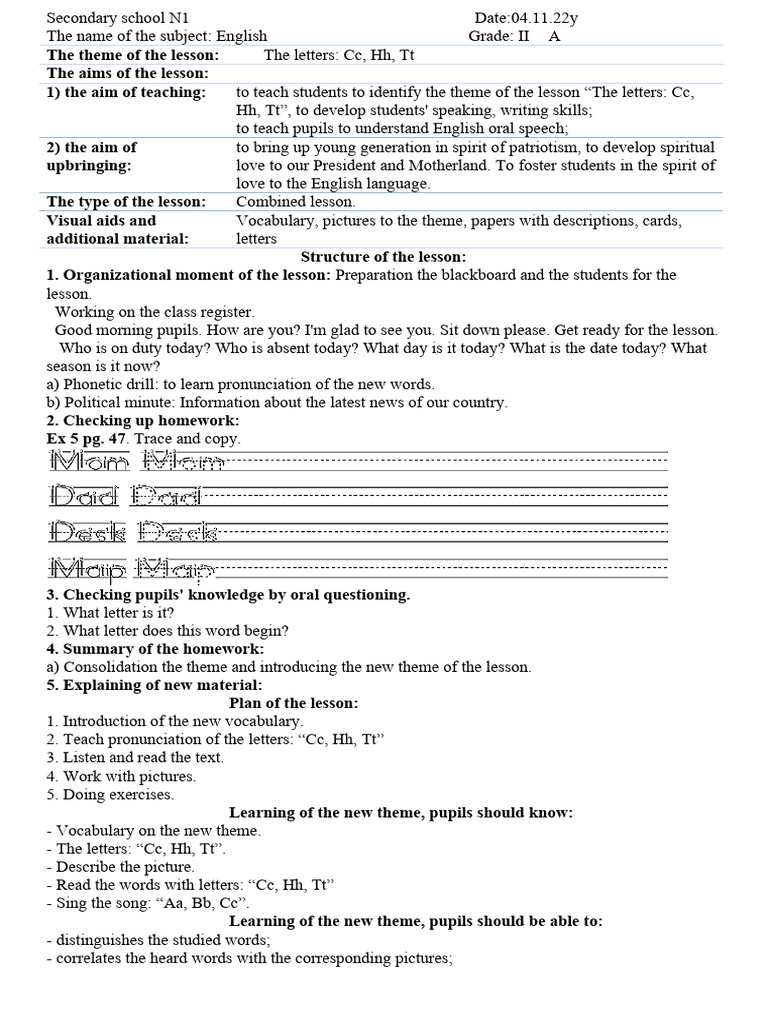 English Lesson Plan: Letters Cc, Hh, Tt | PDF | Vocabulary | English ...