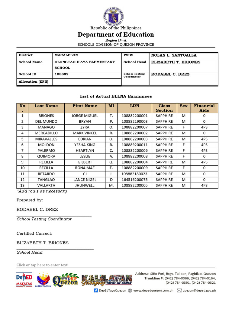 OLONGTAOILAYAList of Actual ELLNA Examinees - Template | PDF