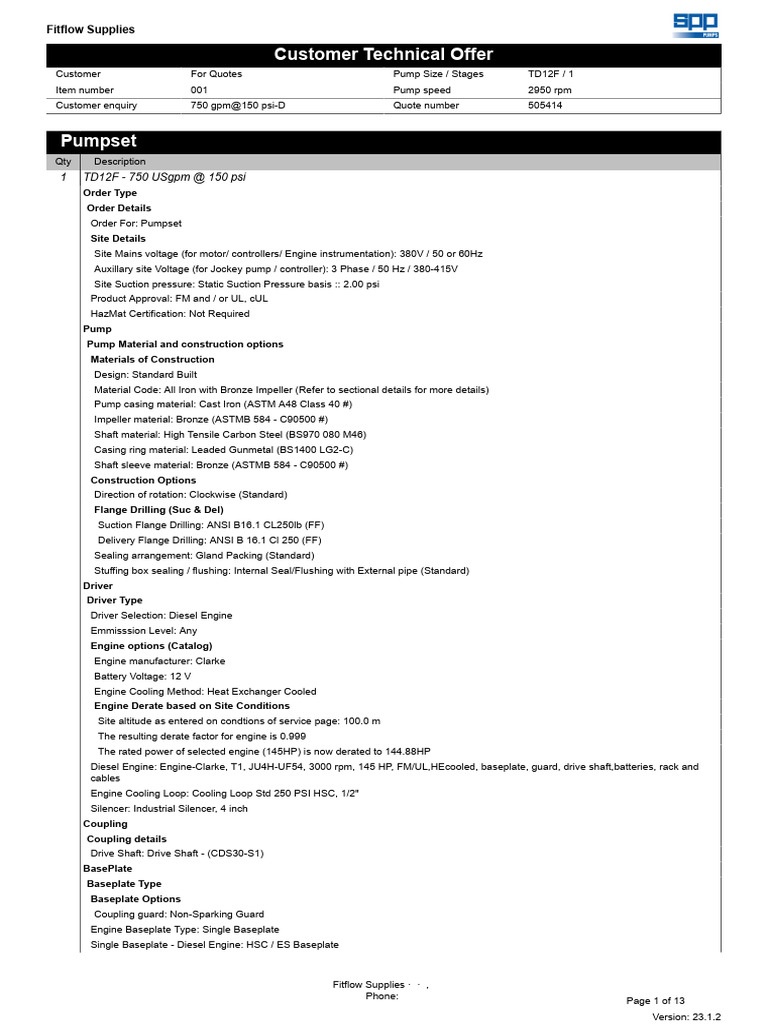 Bomba SPP Mod. TD12F - 750@150 | PDF | Pump | Horsepower