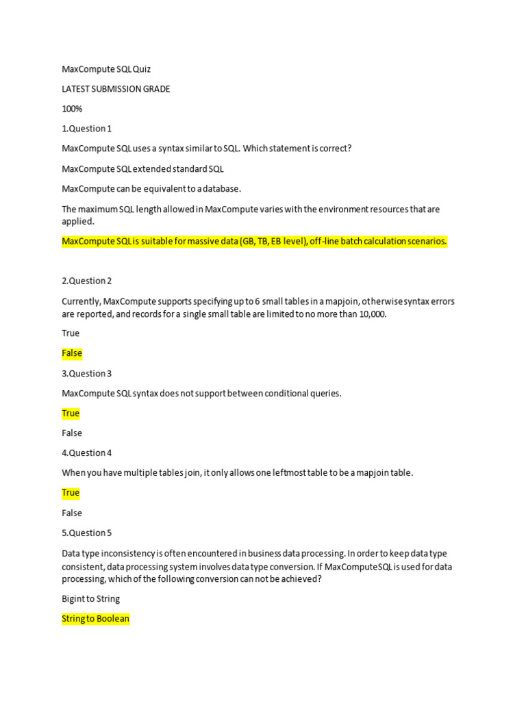 ACA Bigdata QUIZ | PDF | Sql | Information Technology