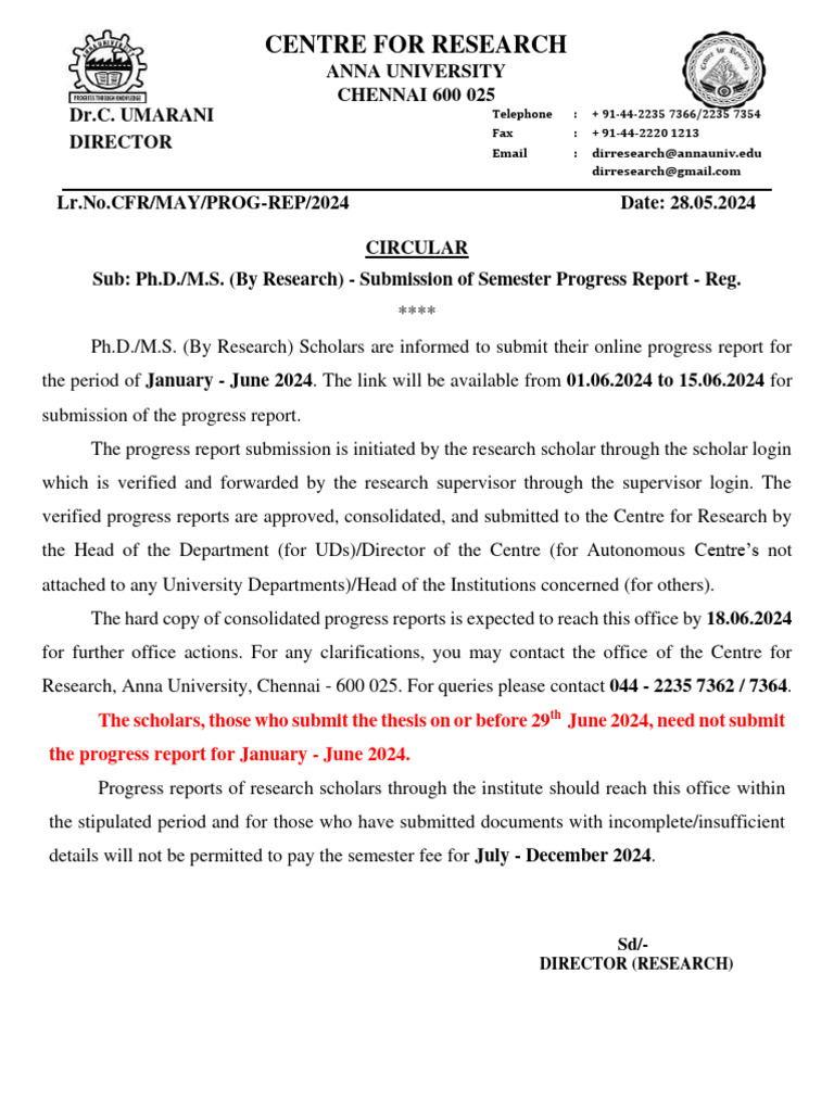 Anna University Jul2024-Progressreport | PDF