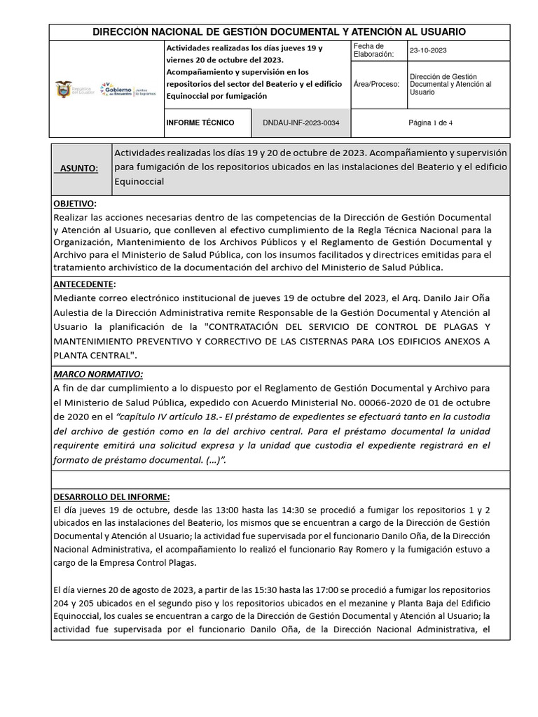 Informe de Fumigación en Los Repositorios Del Sector Del Beaterio y ...