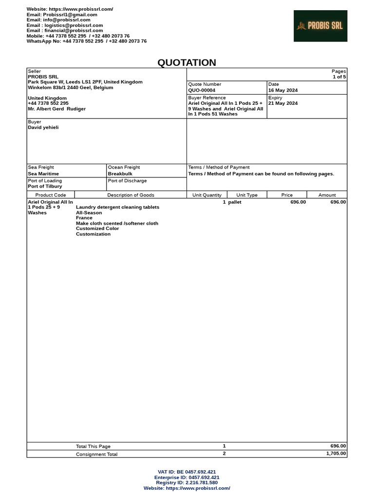 Quo 00004 Quotation Ariel | PDF | Bill Of Lading | Receipt