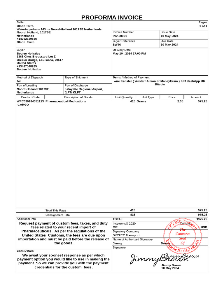 Inv 00001 Proforma Invoice | PDF | Services (Economics) | Trade