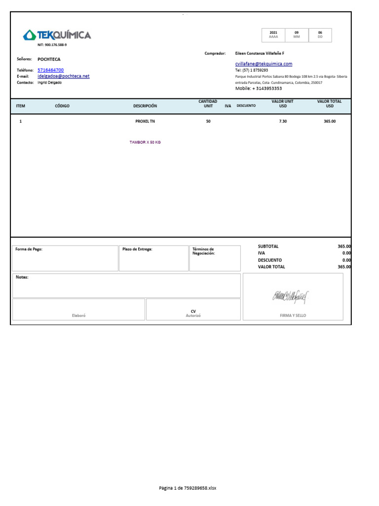 Factura Proxel TN 50 kg - OCM #143 | PDF