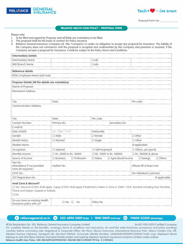 Reliance Health Gain Proposal Form | PDF | Insurance | Payments