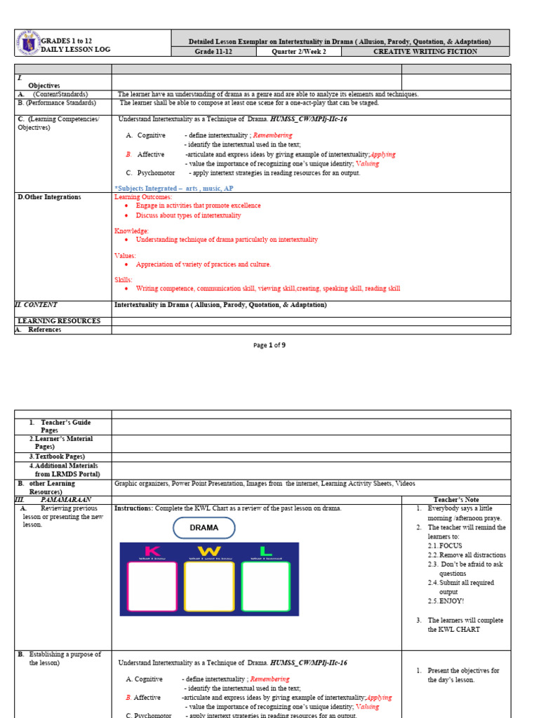 Cot 2024 Lesson Exemplar | PDF | Intertextuality | Learning