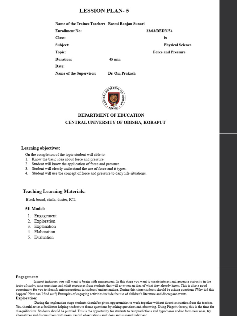 Force and Pressure Lesson Plan | PDF | Force | Learning
