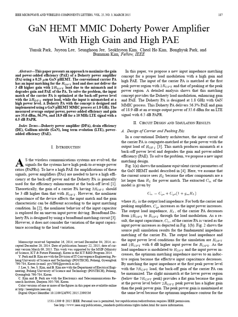 GaN HEMT MMIC Doherty Power Amplifier With High Gain and High PAE | Download Free PDF ...