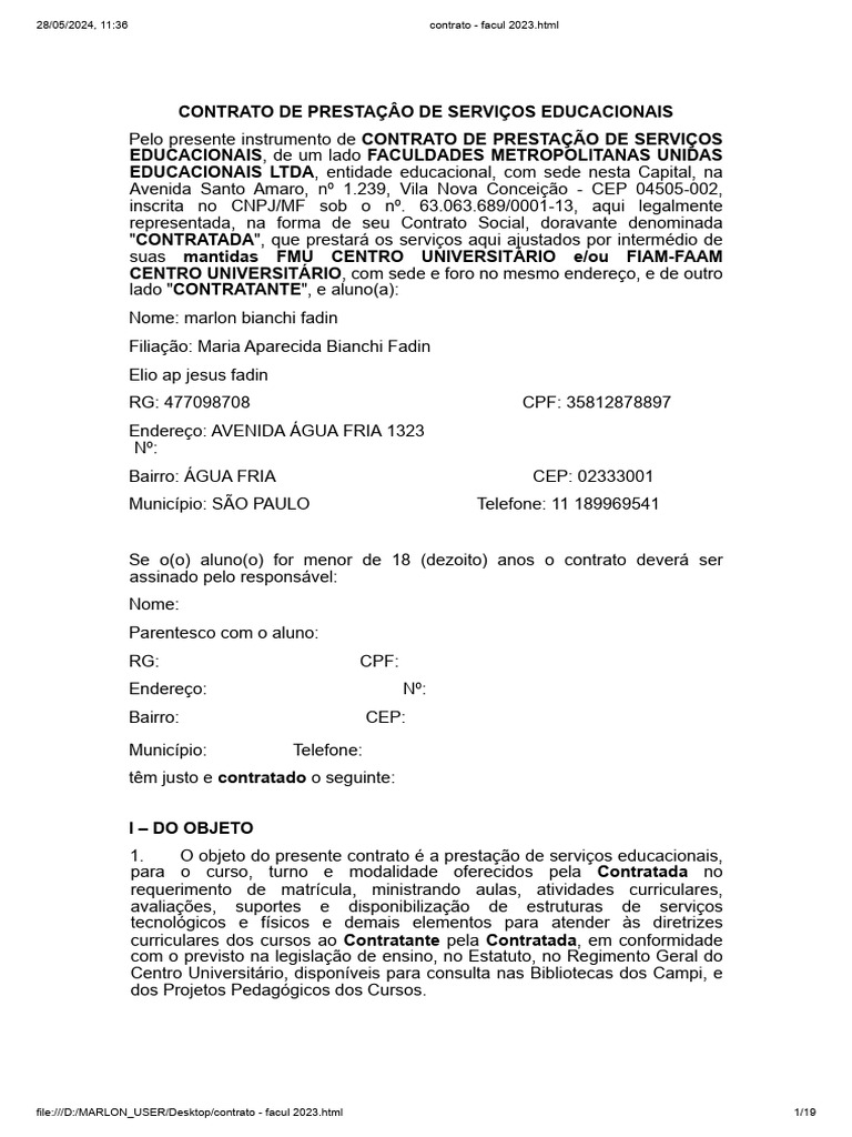 Contrato Facul Novo Pdf Educação à Distância Pedagogia