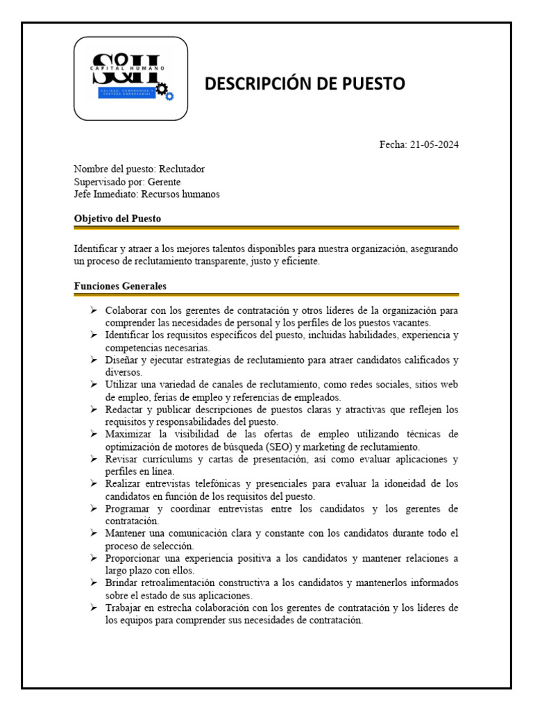 Descripción de Puesto Reclutador | PDF | Reclutamiento | Gestión de recursos humanos