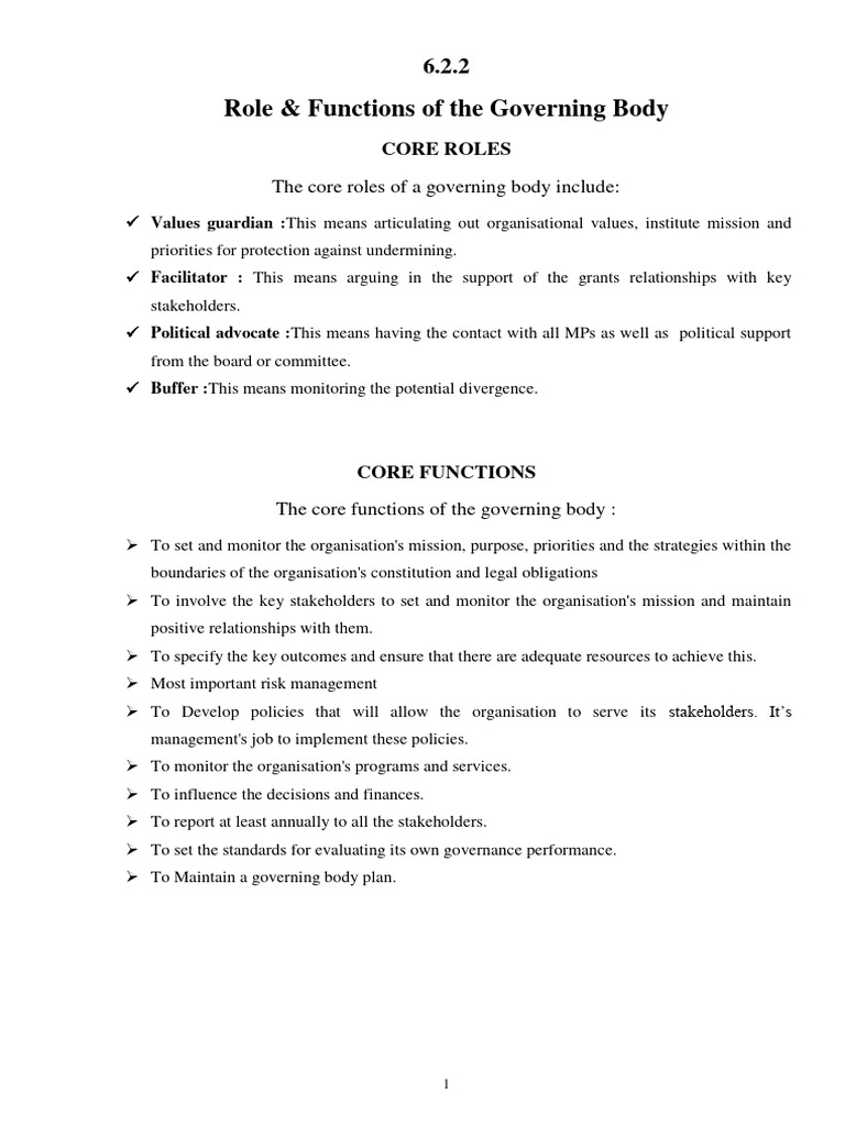 6.2.2 - Role & Functions of Governing Body | PDF | Governance | Business