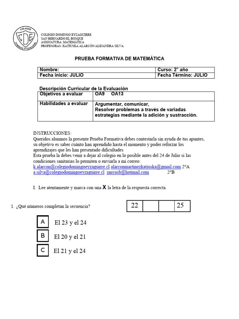 Prueba Formativa Matemática 2° Básico | PDF
