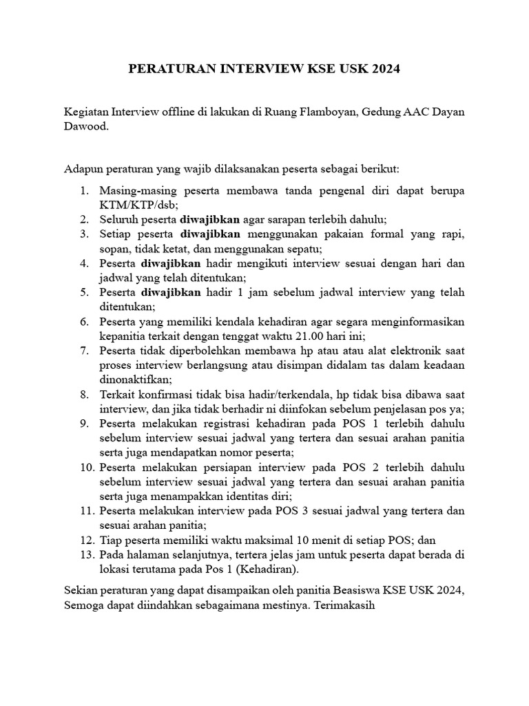 Peraturan Seleksi Tahap 1 (Interview Offline) Beasiswa KSE USK 2024-2025 | PDF