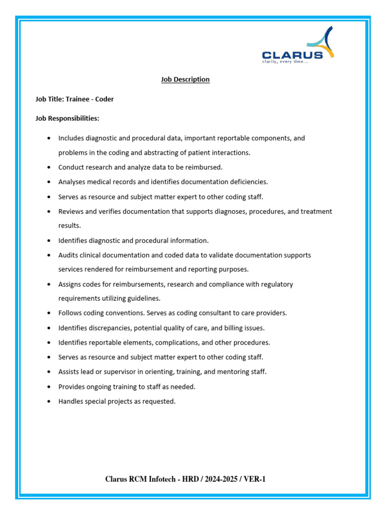 Trainee Coder Job at Clarus RCM | PDF | Medical Diagnosis | Health Care