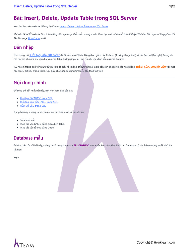 HOWKTEAM - VN - Insert, Delete, Update Table Trong SQL Server | PDF