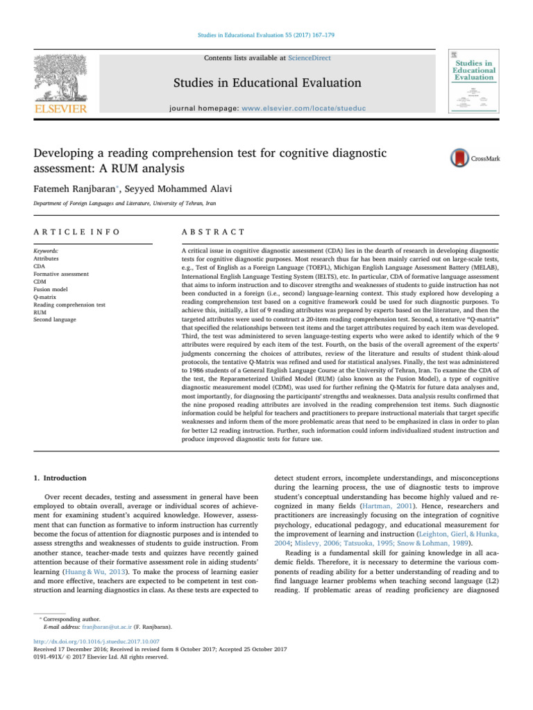 Cognitive Diagnostic Reading Test | PDF | Educational Assessment ...