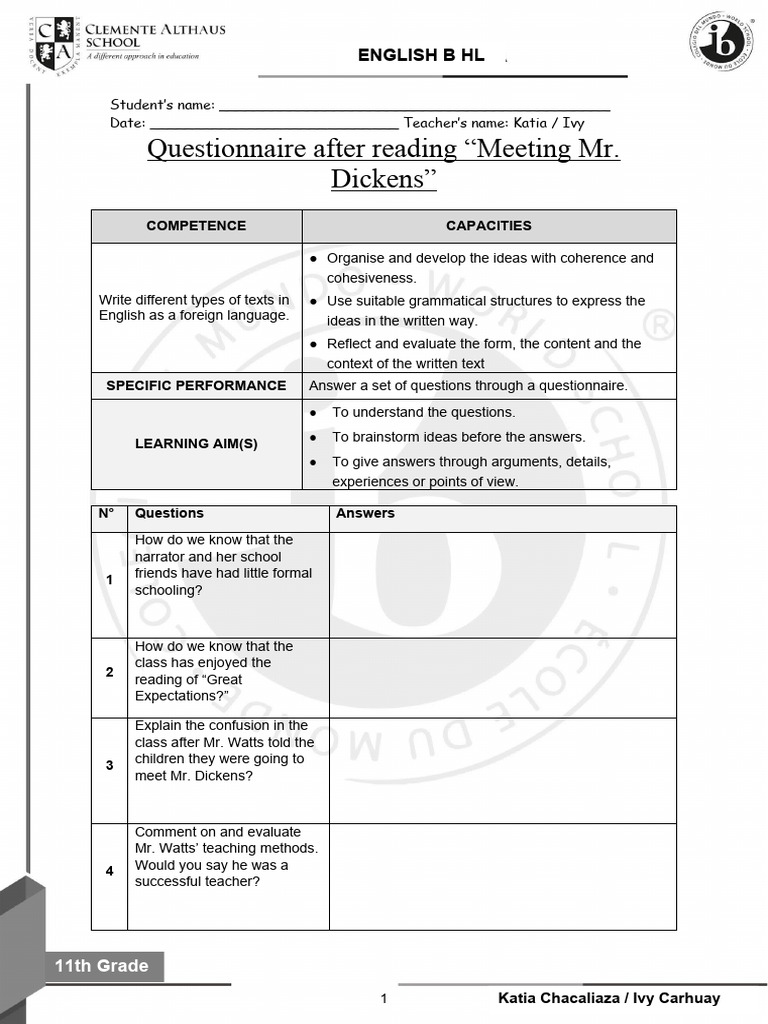 TASK 3 - Questionnaire AFTER Reading Meeting Mr. Dickens | PDF ...