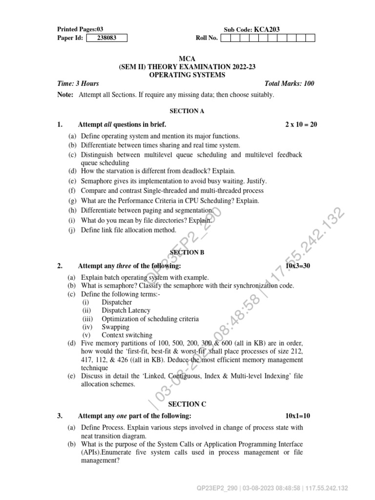 Mca 2 Sem Operating Systems Kca203 2023 | PDF | Scheduling (Computing) | Process (Computing)