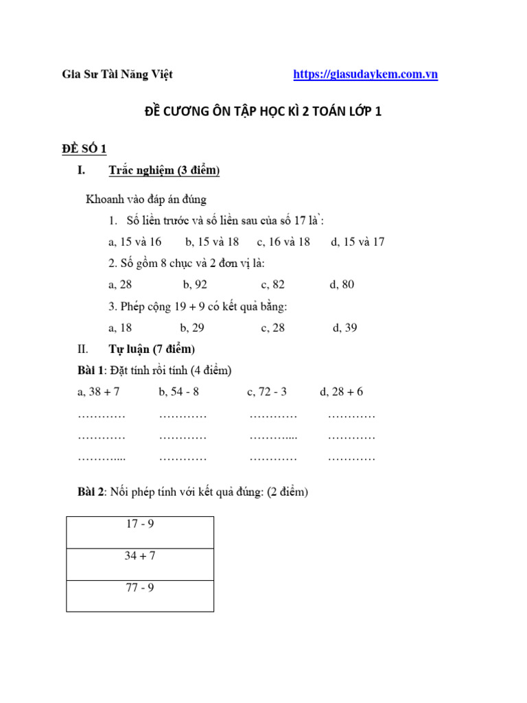 De Cuong On Tap Hoc Ki 2 Toan Lop 1 de Cuong On Tap Hoc Ki 2 Toan Lop 1 ...