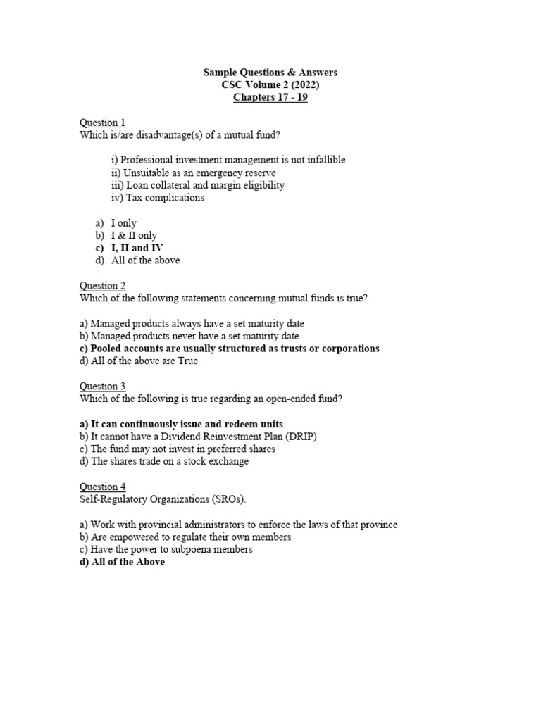 CSC Volume 2 (Questions CH 17-19) Answers 2022 | PDF | Investment Fund ...