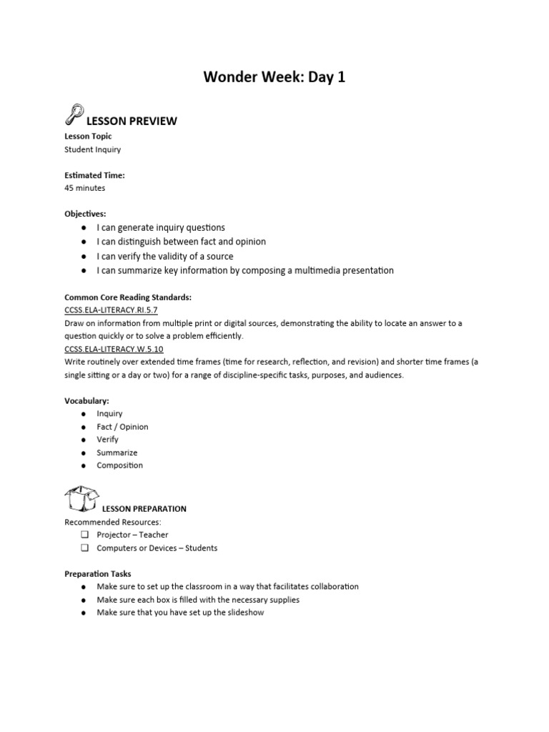 Wonder Week Lessons | PDF | Information | Inquiry