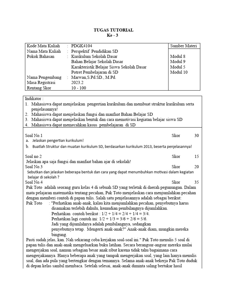 Tugas Tutorial 3 (Tiga) Perspektif P SD, Utk Mahasiswa | PDF | Karier & Perkembangan | Seni ...