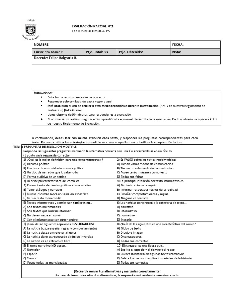Evaluación Textos Multimodales 5to Básico | PDF | Cómics | Narración