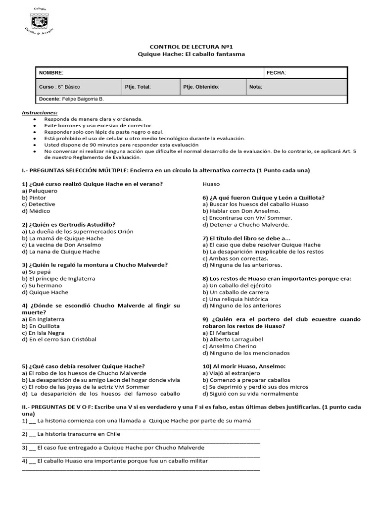 Prueba Plan Lector - Quique Hache El Caballo Fantasma - 6to Básico 1 | PDF | Historia | Libros ...