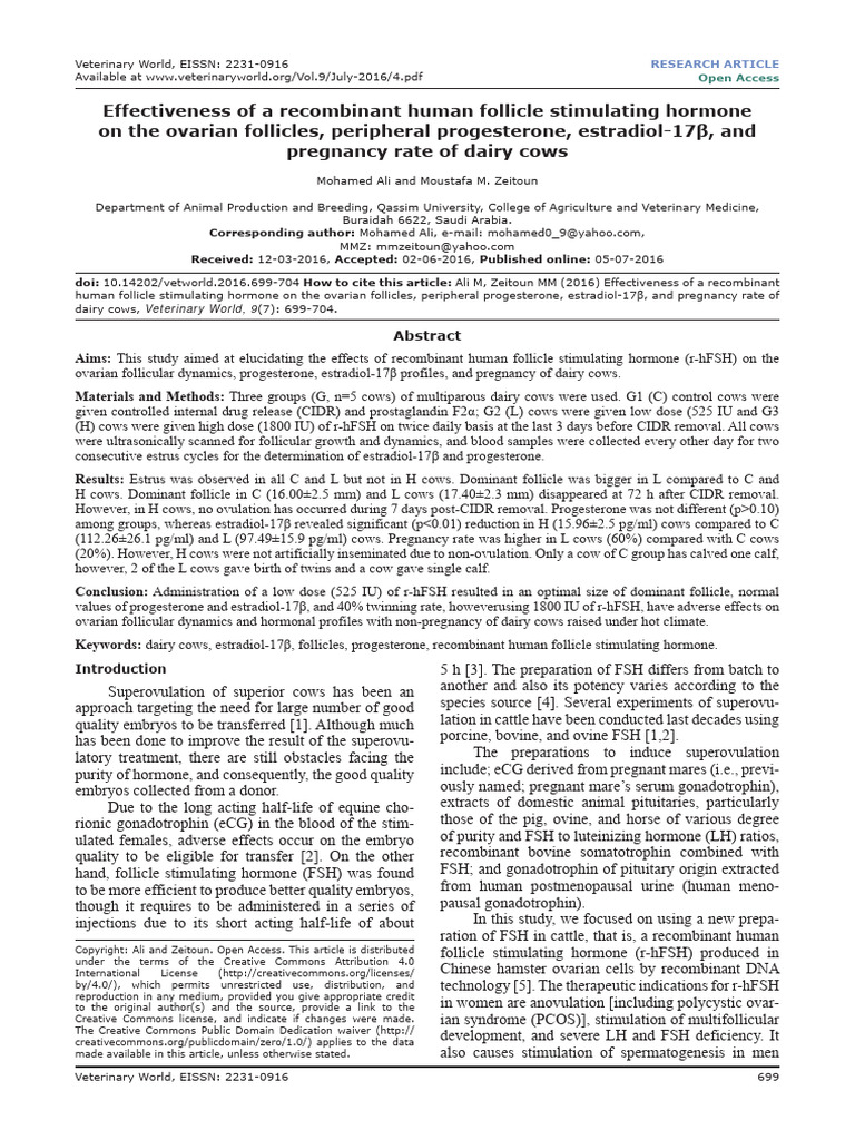 Vet World 2016 Rec Hu FSH in Cattle | PDF | Cattle | Dairy Cattle