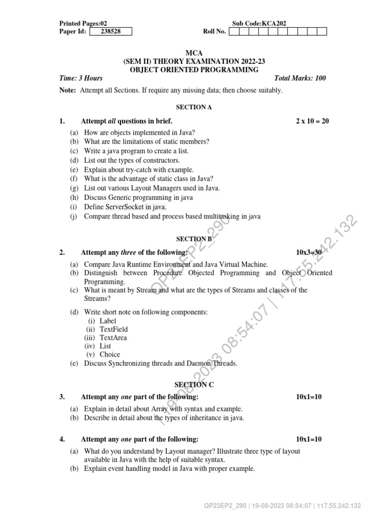 Mca 2 Sem Object Oriented Programming Kca202 2023 Pdf Java Programming Language Class 1228