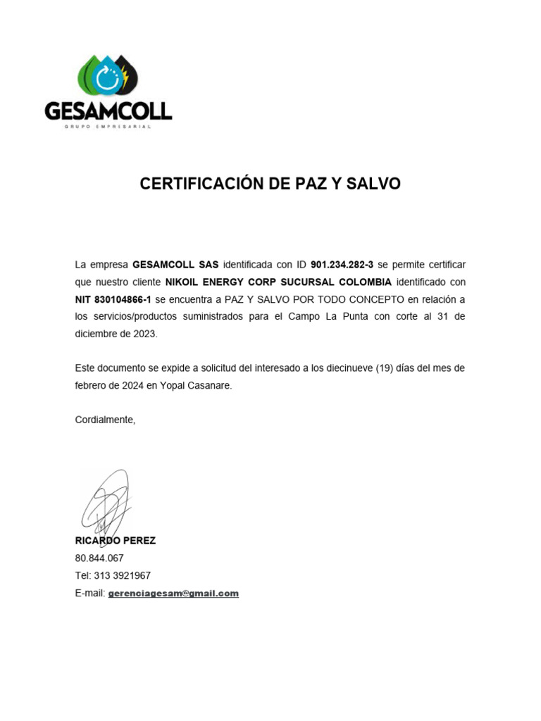Certificación Paz y Salvo Nikoil Energy | PDF