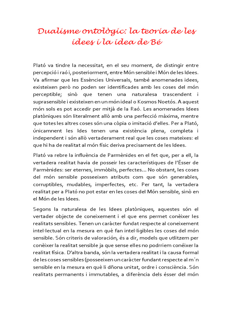 Tema 2. Dualisme Ontolã Gic. La Teoria de Les Idees I La Idea de BÃ© | PDF