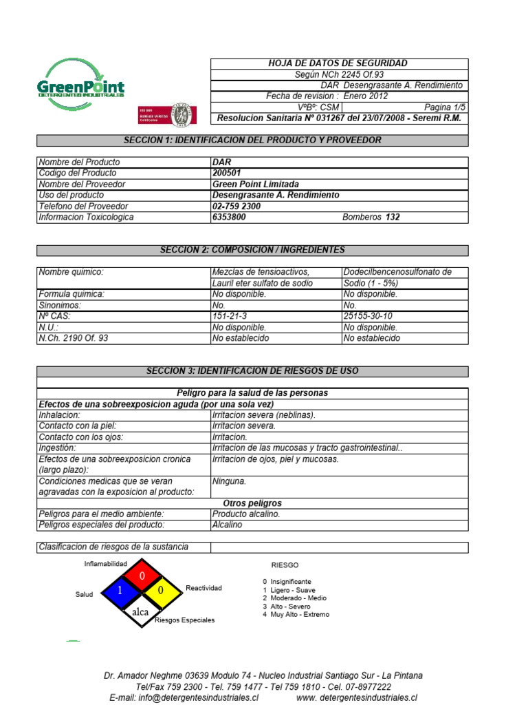Desengrasante A: Hoja de Seguridad | PDF | Agua | Solubilidad