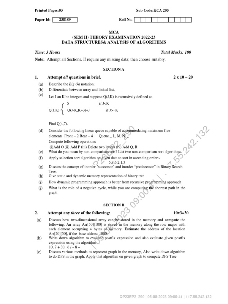 Mca 2 Sem Data Structures Analysis of Algorithms Kca205 2023 | PDF | Computer Programming ...