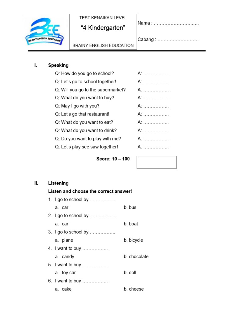 Bee Test for Kindergarten Level | PDF | Cuisine | Foods