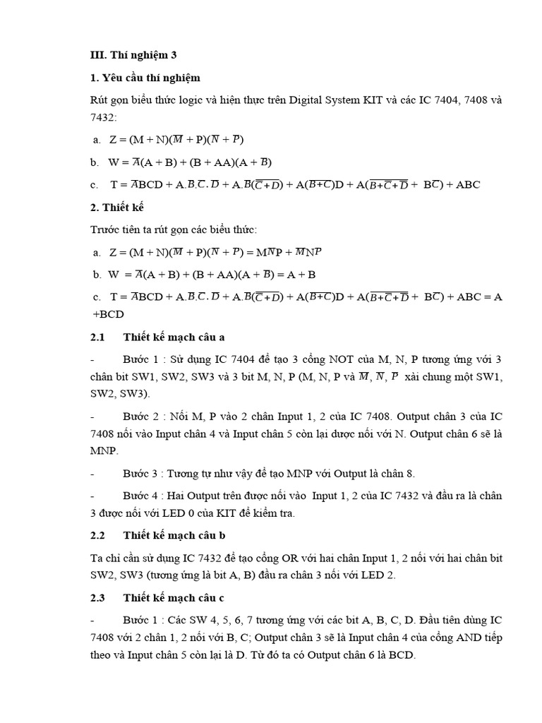 III. Thí nghiệm 3 1. Yêu cầu thí nghiệm: M N P A B A B C - D B C B B C | PDF
