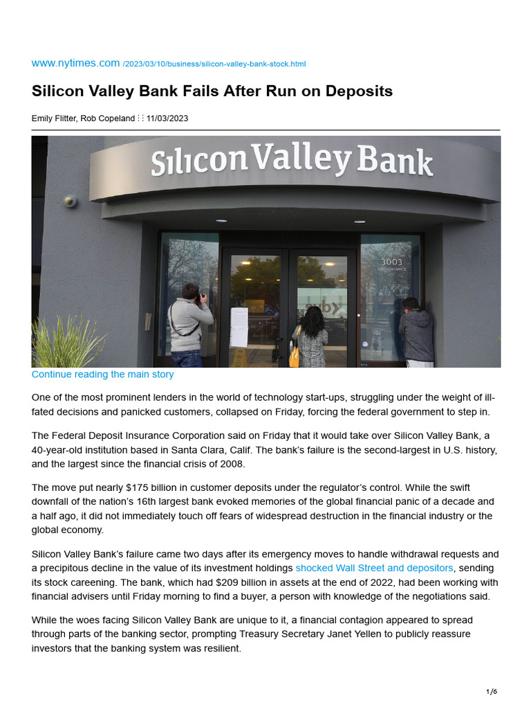 Silicon Valley Bank Fails After Run On Deposits | PDF | Banks | Federal ...