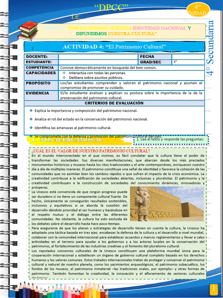 4° DPCC - Actv.04-Unid.4 2024 | PDF | Perú | Patrimonio cultural