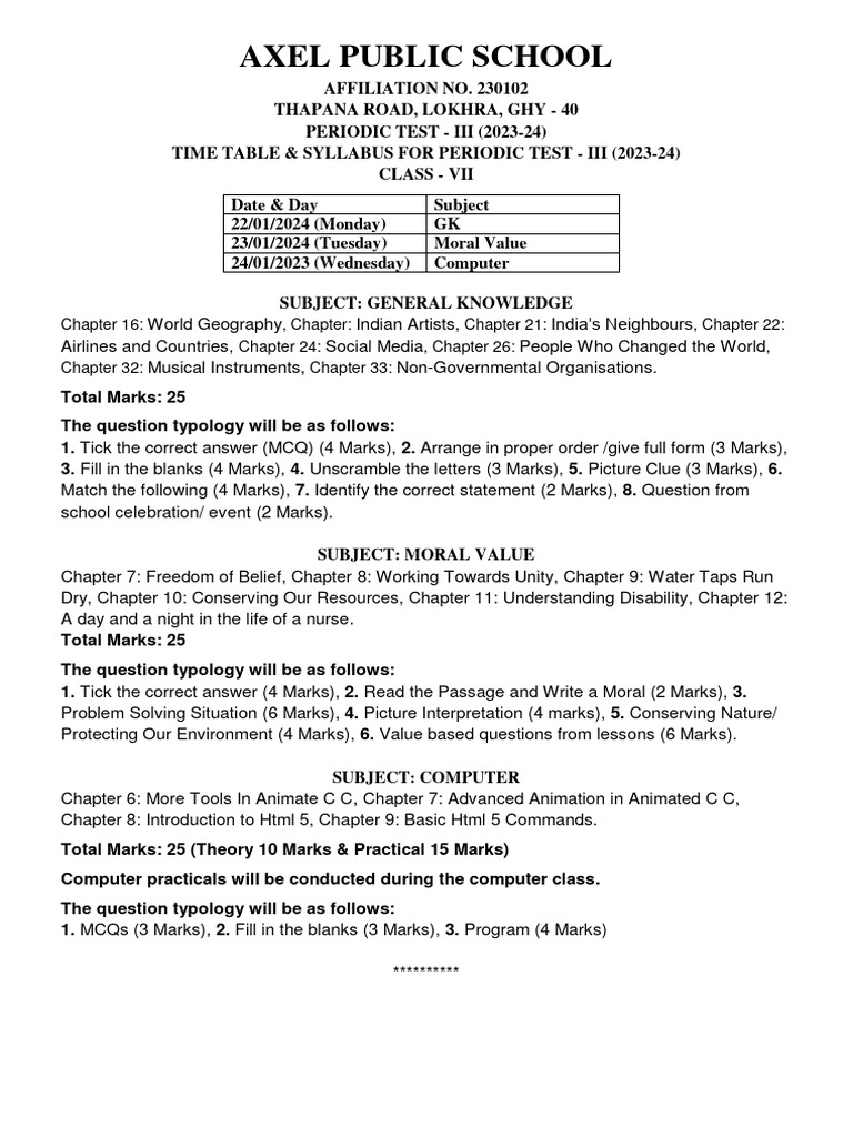Class VII Periodic Test III Schedule | PDF | Teaching Methods & Materials