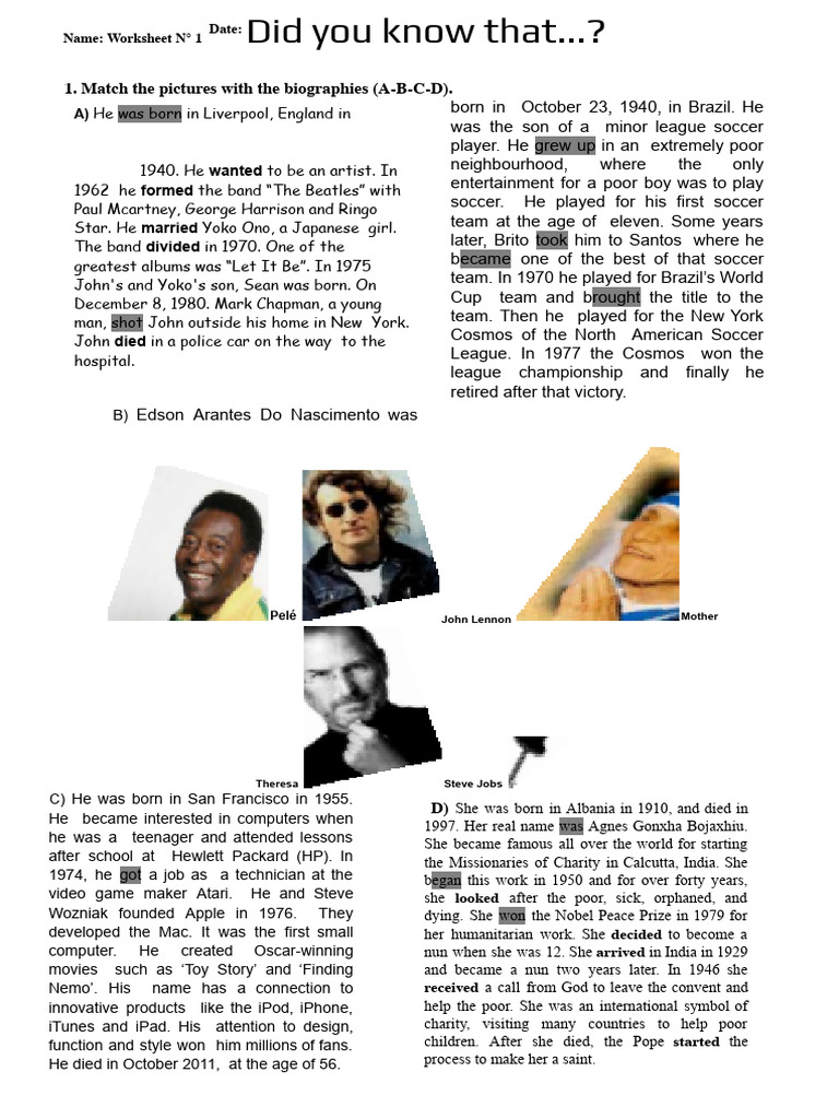 Biographies of Famous People - Esercitaz Past Simple Seconde | PDF ...