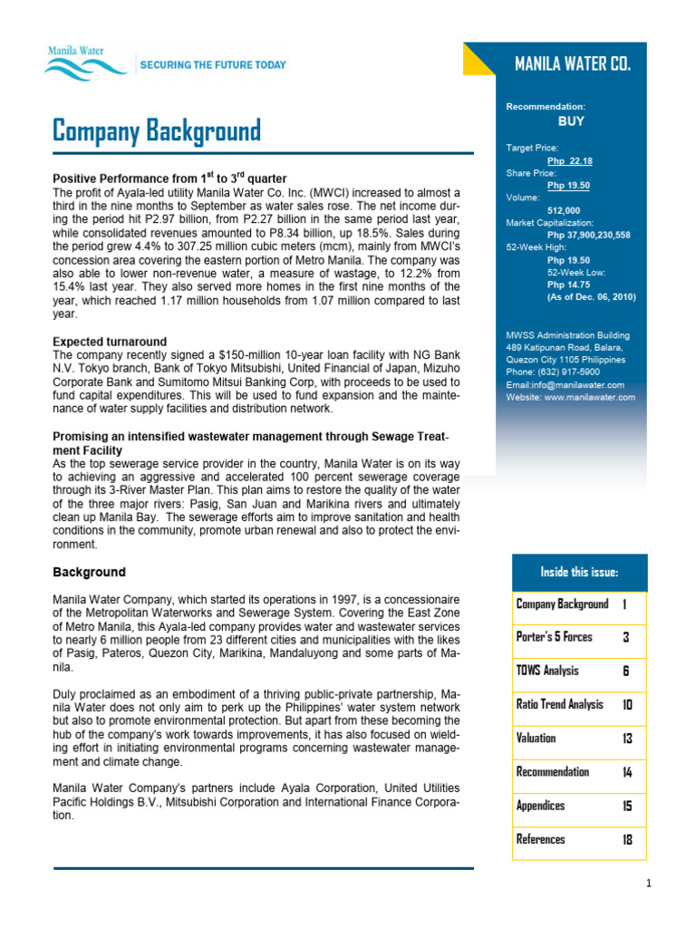 Manila Water Company | PDF | Price–Earnings Ratio | Equity (Finance)
