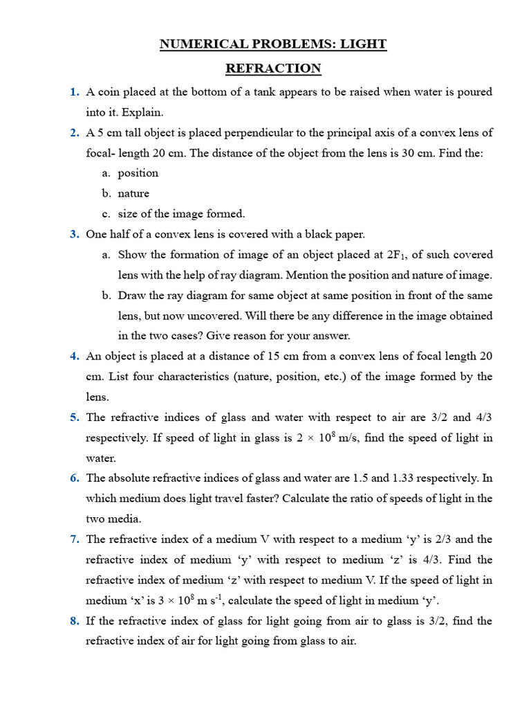 Numerical Problems Refraction Questions (2) | PDF | Refractive Index ...