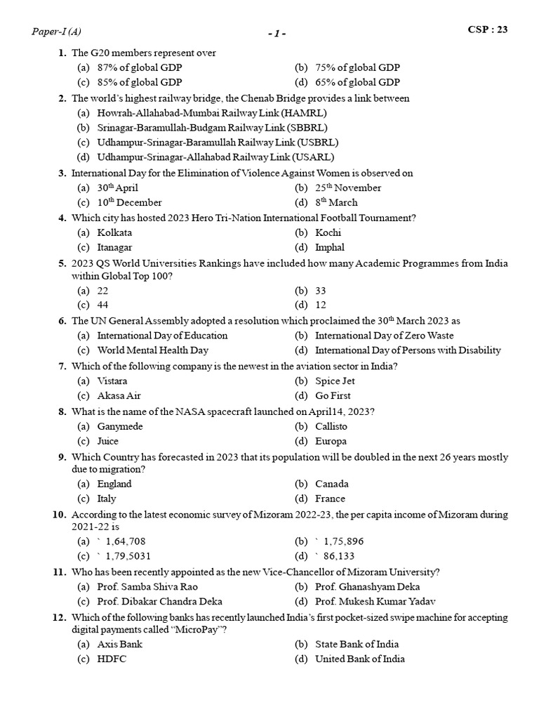 Mcs Combined 2023 Preliminary Exam Paper I Series A | PDF