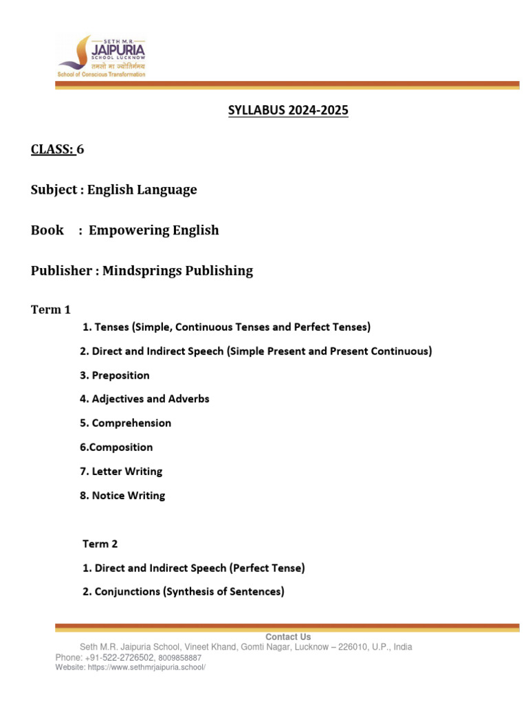 Class 6 English Syllabus 2024-2025 | PDF