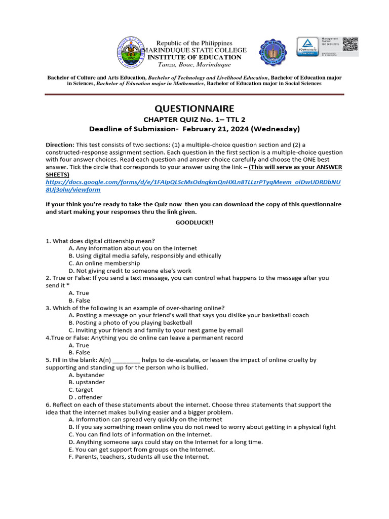 Questionnaire TTL Quiz No. 1 - 081550 | PDF | Mass Media | Fair Use