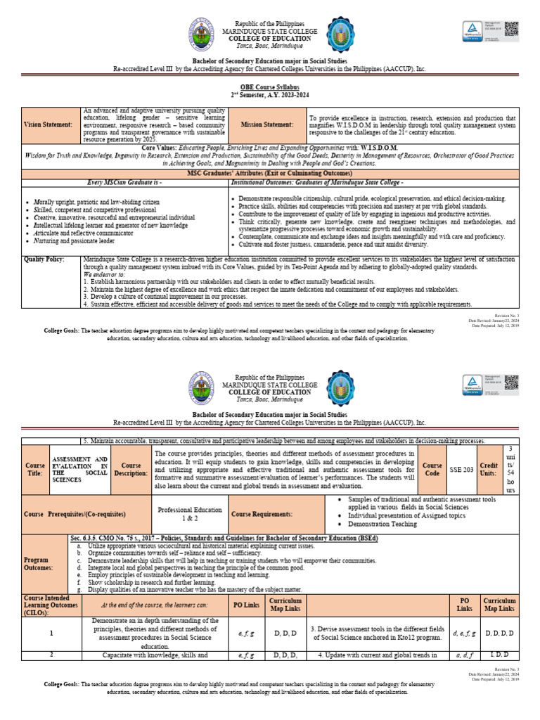 Final Syllabus Format BSEd Social Studies AESS | PDF | Academic ...