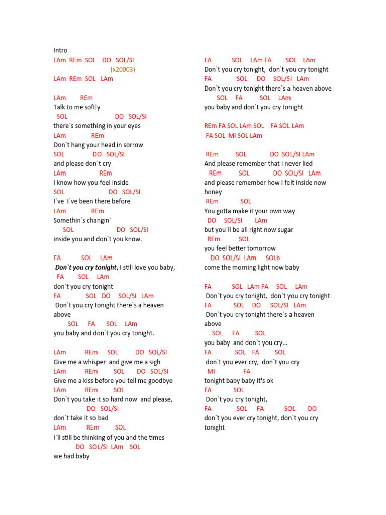Don't You Cry Tonight Lyrics | PDF